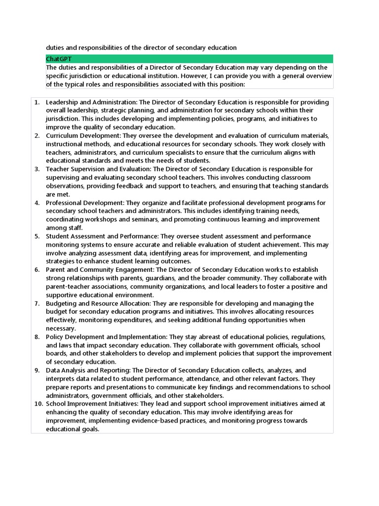 Duties and Responsibilities of The Director of Secondary Education ...