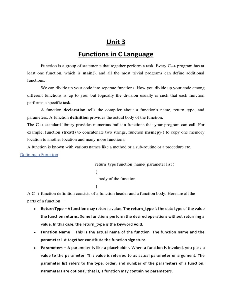 Functions In Unit 3c Language Pdf Parameter Computer Programming C 