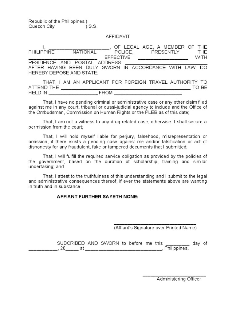 SWORN AFFIDAVIT OF UNDERTAKING For Training Abroad | PDF | Law