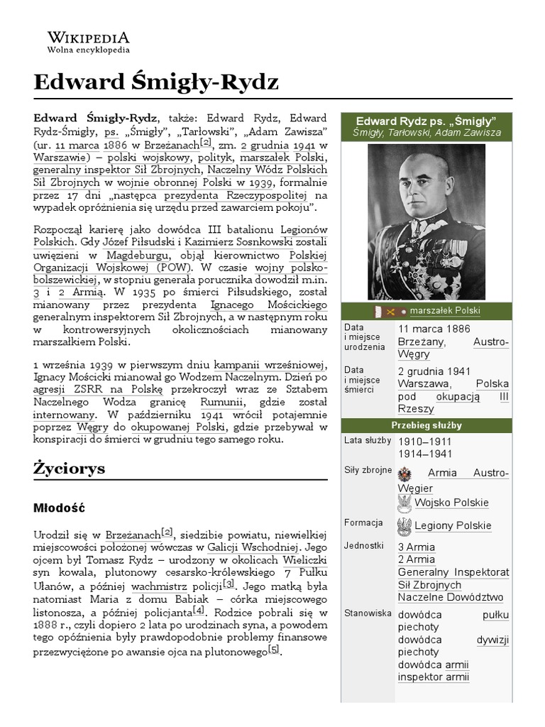 Edward Śmigły-Rydz - Wikipedia, Wolna Encyklopedia | PDF