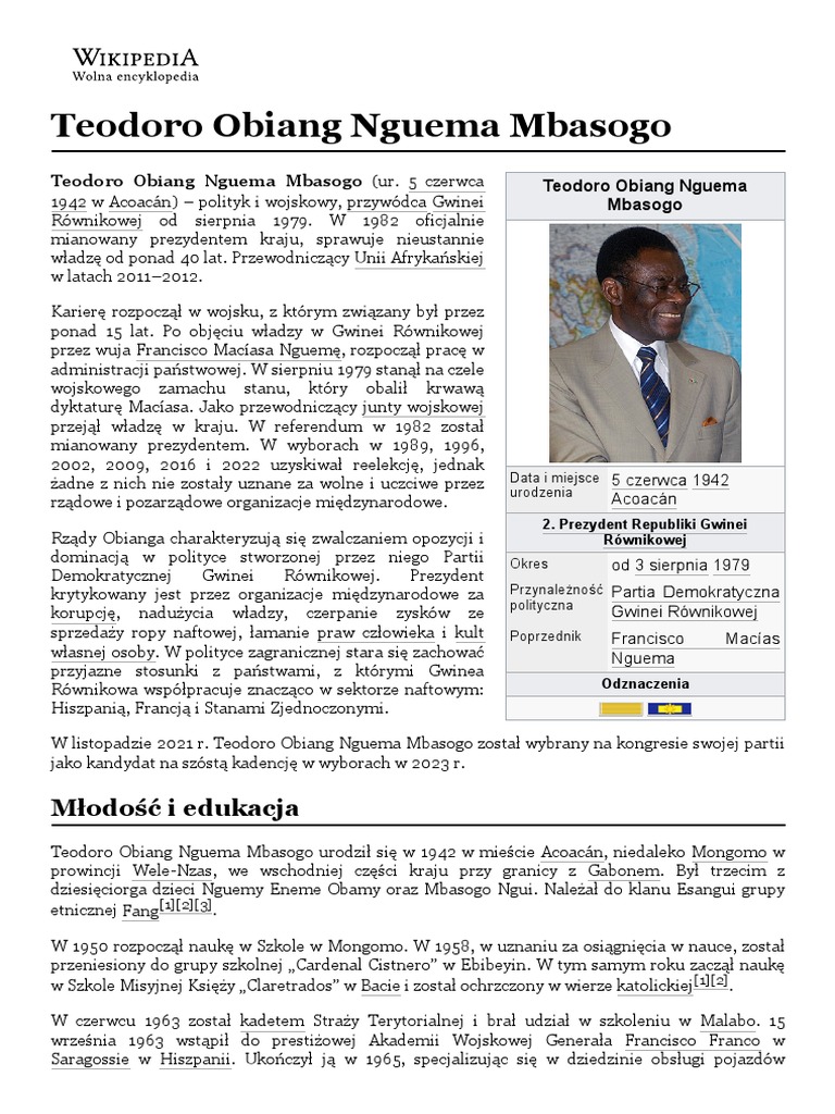 Teodoro Obiang Nguema Mbasogo - Wikipedia, Wolna Encyklopedia | PDF