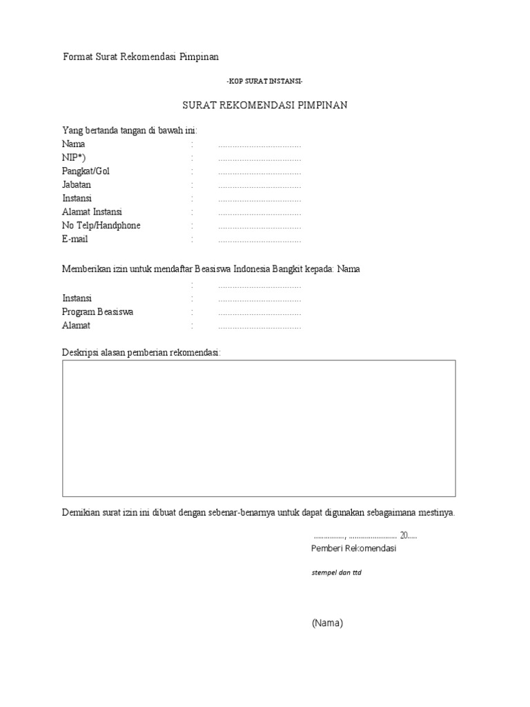 03 Format Surat Rekomendasi Pimpinan | PDF