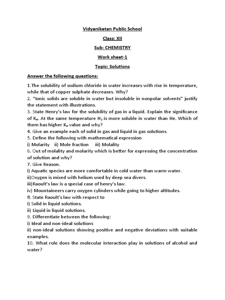 Chemistry Solutions Worksheet | PDF | Solubility | Chemical Substances