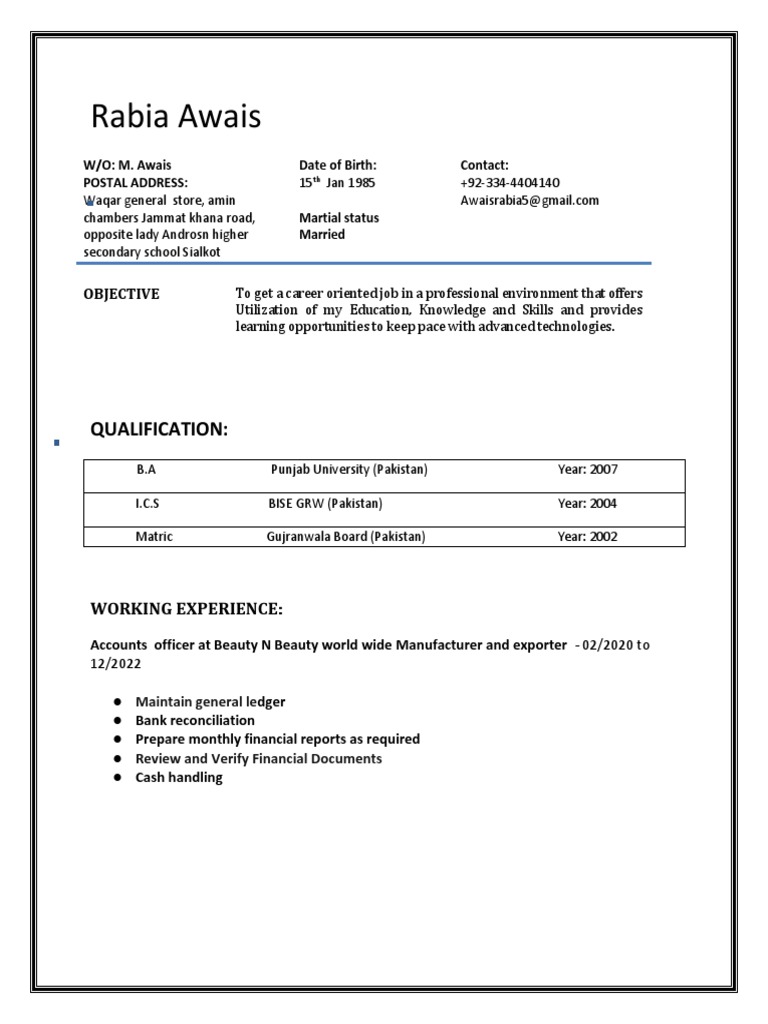 CV Rabia | PDF | Banks | Cheque