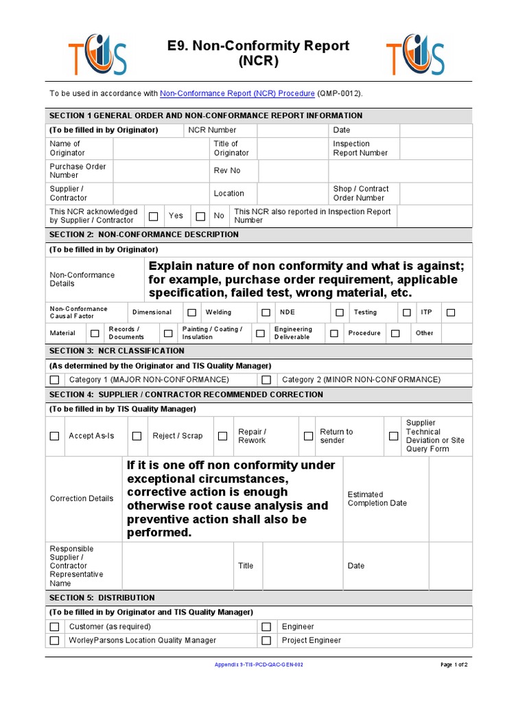Non-Conformity Report (NCR) Template | PDF | Business Process | Business
