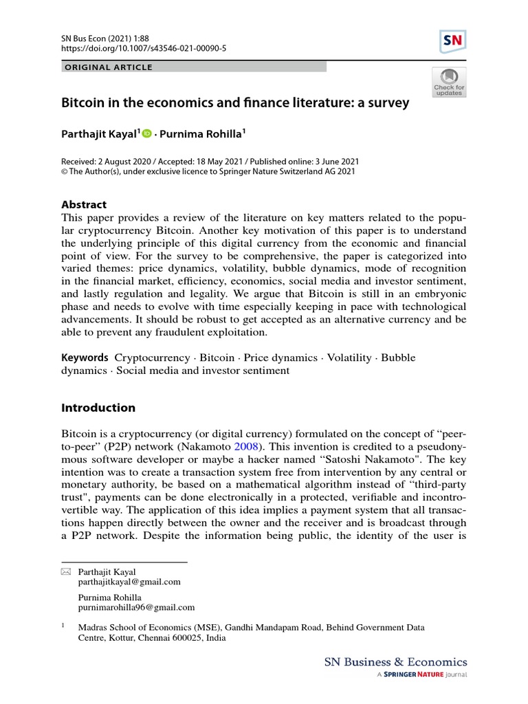 Bitcoin in The Economics and Finance Literature: A Survey: Parthajit ...