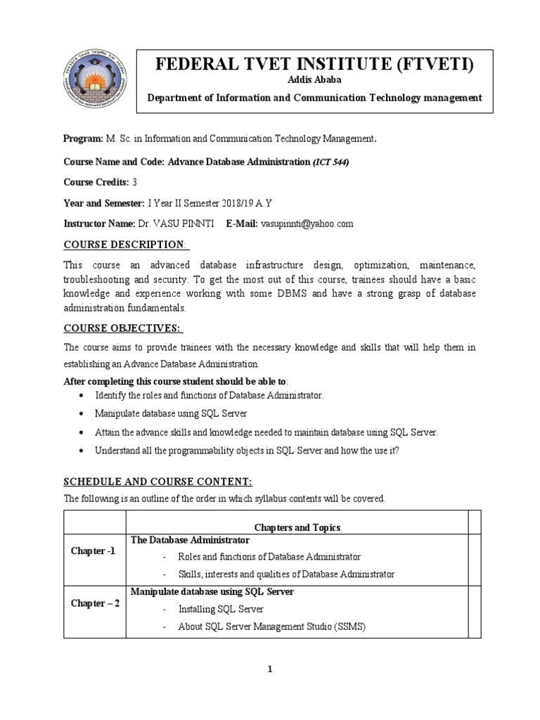 ADBA Course Outline 2019 | PDF | Databases | Microsoft Sql Server
