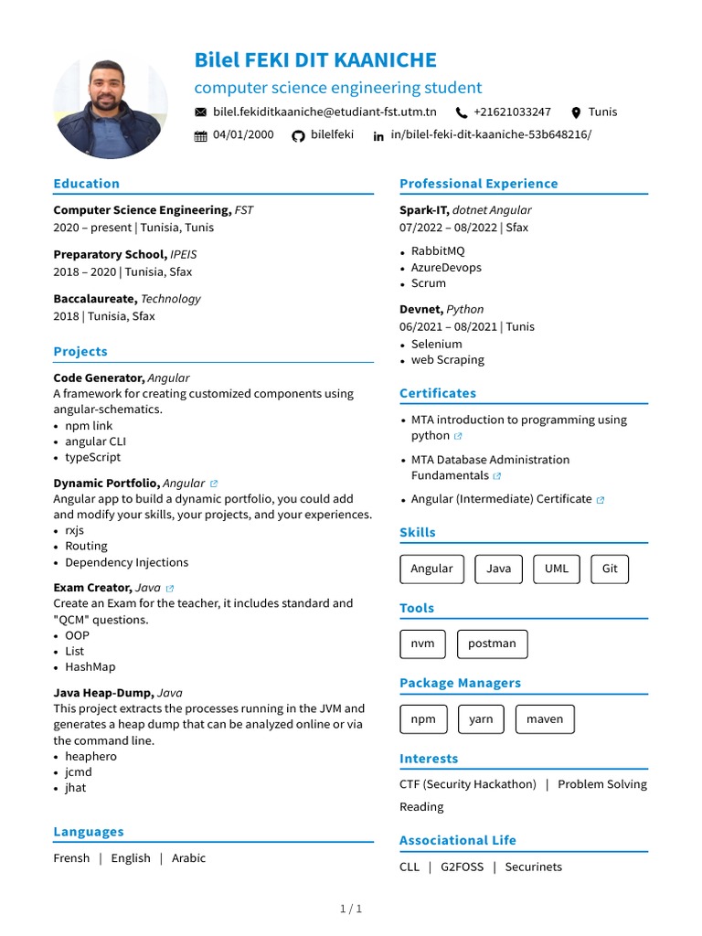 Bilel Feki Dit Kaaniche CV | Download Free PDF | Java (Programming Language) | Computer Engineering