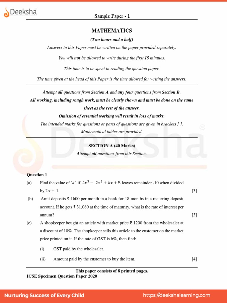 ICSE Class 10 Maths Sample Paper 1 2020 | PDF | Elementary Geometry ...