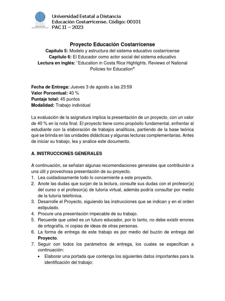 Proyecto Educación Costarricense PACII-2023 | PDF | Costa Rica | Maestros