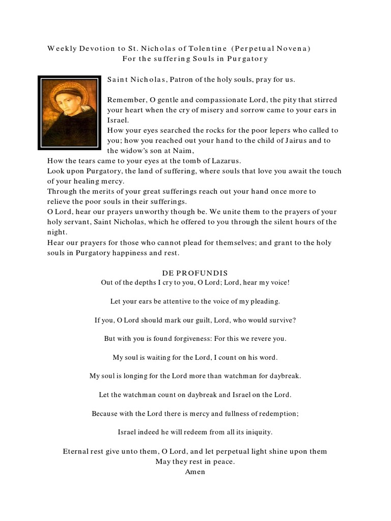 Novena Prayer To St. Nicholas of Tolentine | PDF | Purgatory | Prayer