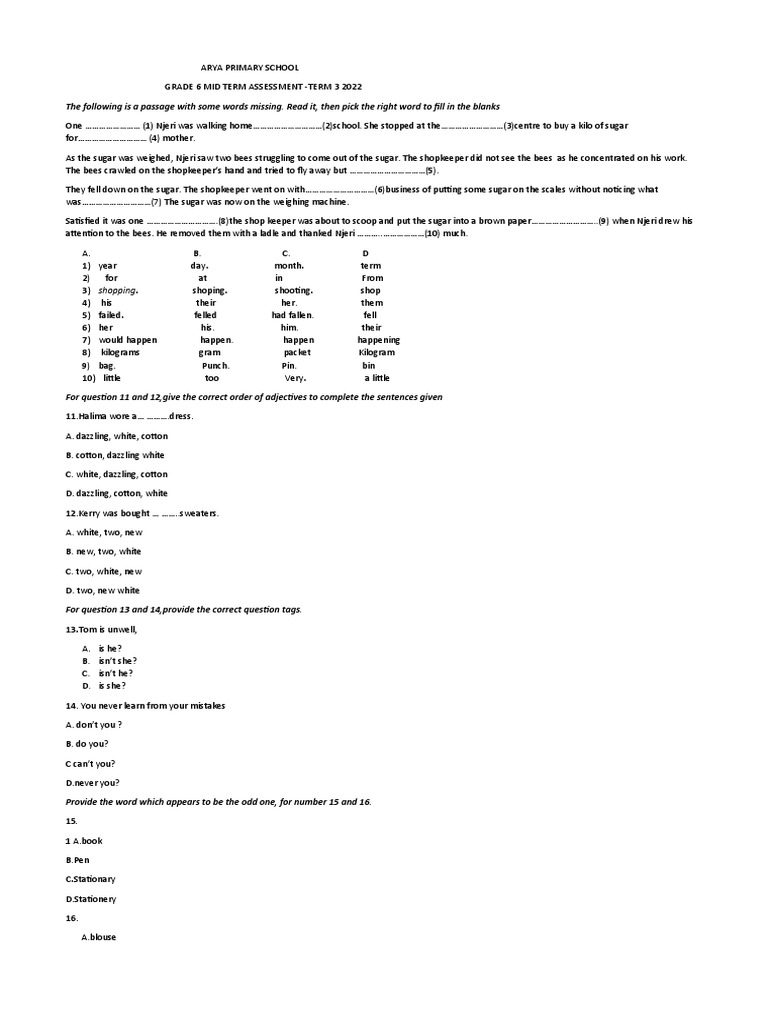 Grade 6 English Assessment | PDF | Adverb | Part Of Speech