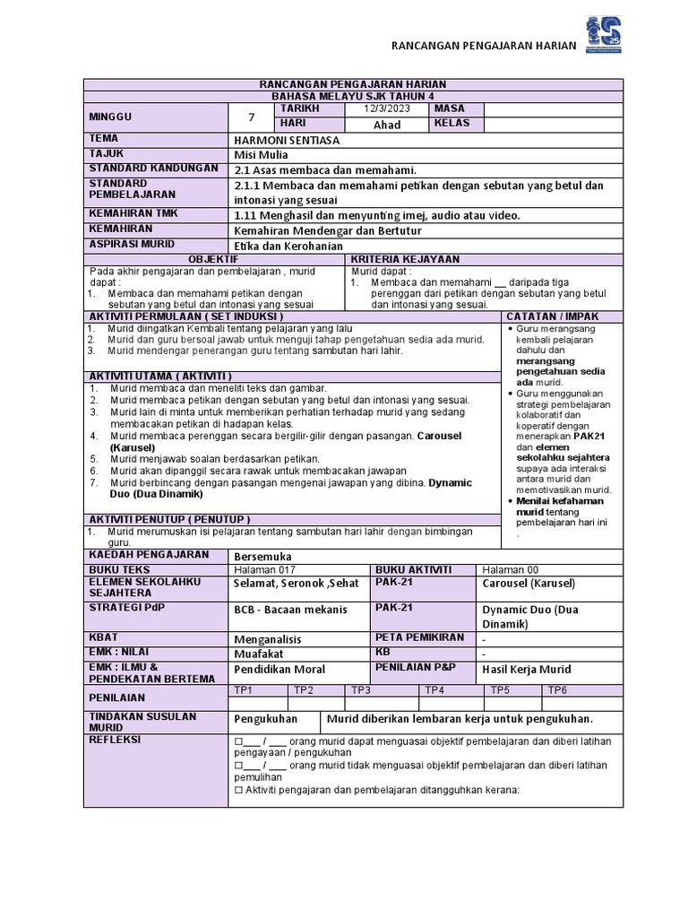 RPH Minggu 7 BM SJK THN 4 2023 by Cikgu Gorgeous | PDF
