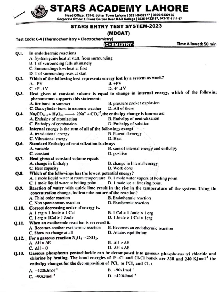 STARS 2023 C 4 Thermochemistry & Electrochemistry | PDF