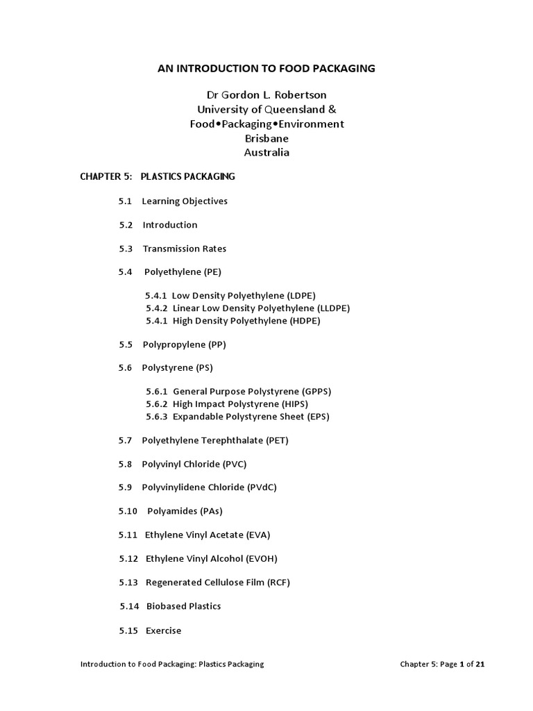 INTRODUCTION TO FOOD PACKAGING Chapter 5 | PDF | Polystyrene | Polyethylene