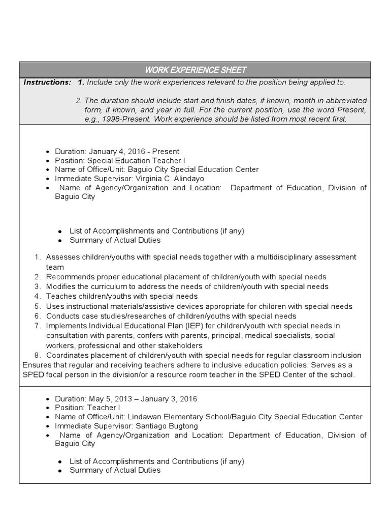 CS Form No 212 Work Experience Sheet | PDF | Special Education | Teachers