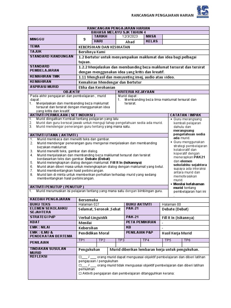 RPH Minggu 9 BM SJK THN 4 2023 by Cikgu Gorgeous | PDF | Karier & Perkembangan