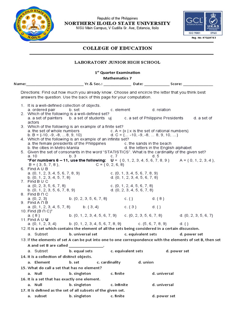 Grade 7 Multiple 1st Grading 2022 | PDF | Set (Mathematics) | Logic
