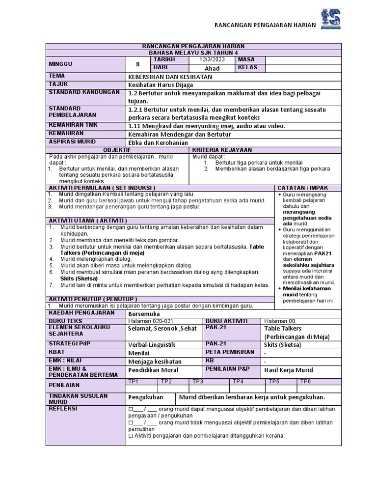 RPH Minggu 8 BM SJK THN 4 2023 by Cikgu Gorgeous | PDF