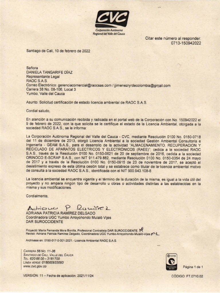 Certificado Licencia Raoc 2022 | PDF