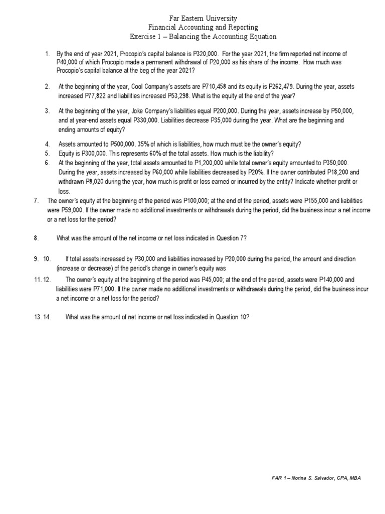 Exercise 1 - Balancing The Acctg Equation - v2 | PDF | Equity (Finance) | Income