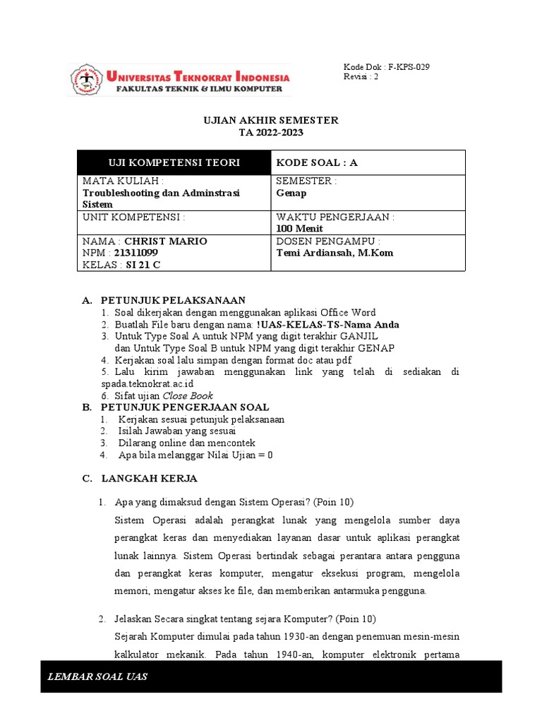 UAS - TS - CHRIST MARIO - 21311099 - SI 21 C - Type A | PDF