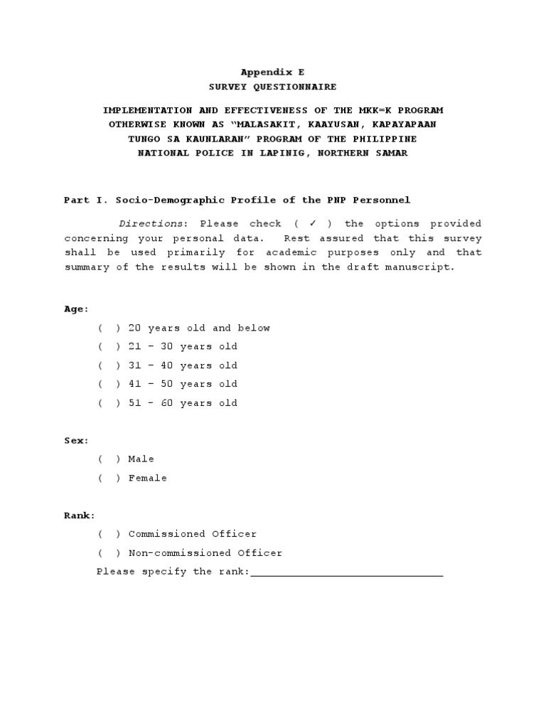 Questionnaires On Implemention and Effectiveness of MKK K Program by ...
