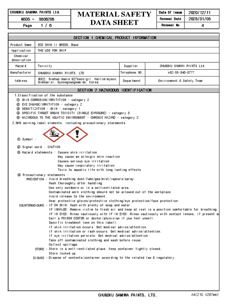 Eco Swan II Green, Base-msds영문 - (3808208) | PDF | Waste | Waste Management