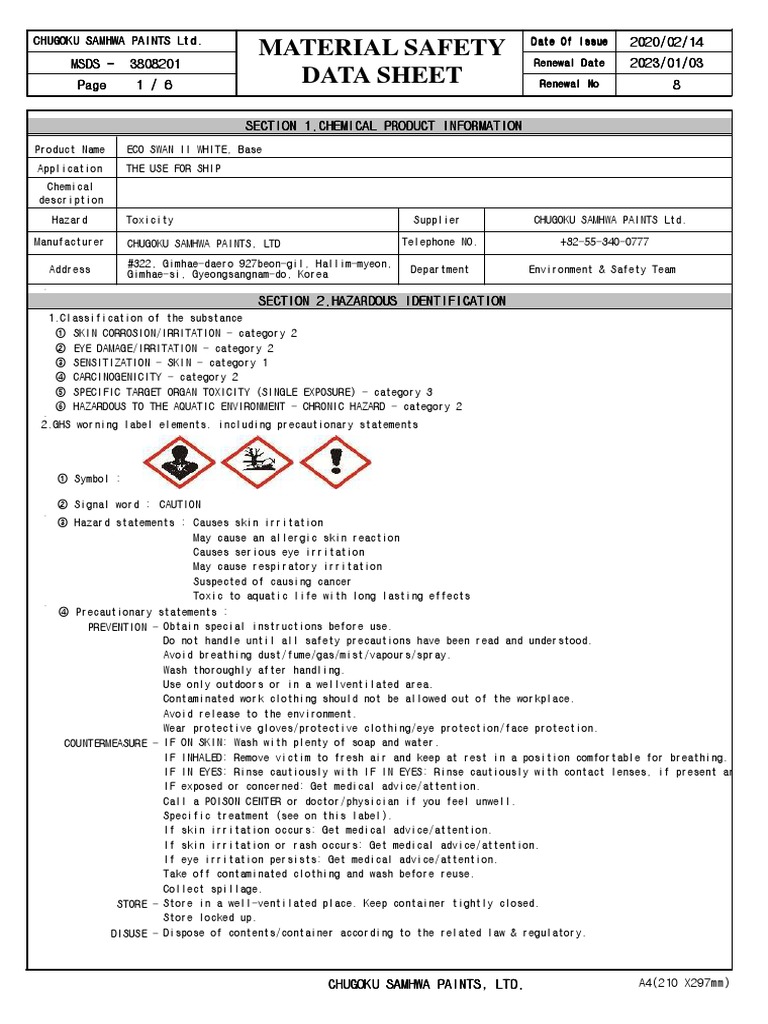 Eco Swan II White, Base-msds영문_(3808201) | PDF | Dangerous Goods | Chemistry