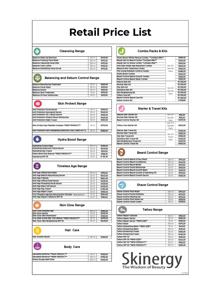 Skinergy Pricelist Vs1.06.23 | PDF | Shaving | Sensory Organs