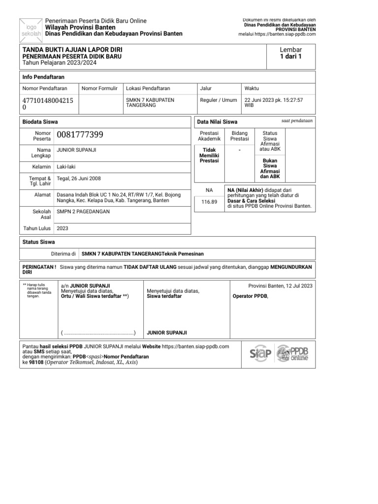 Tanda Bukti Ajuan Lapor Diri - 0081777399 - Junior Supanji | PDF