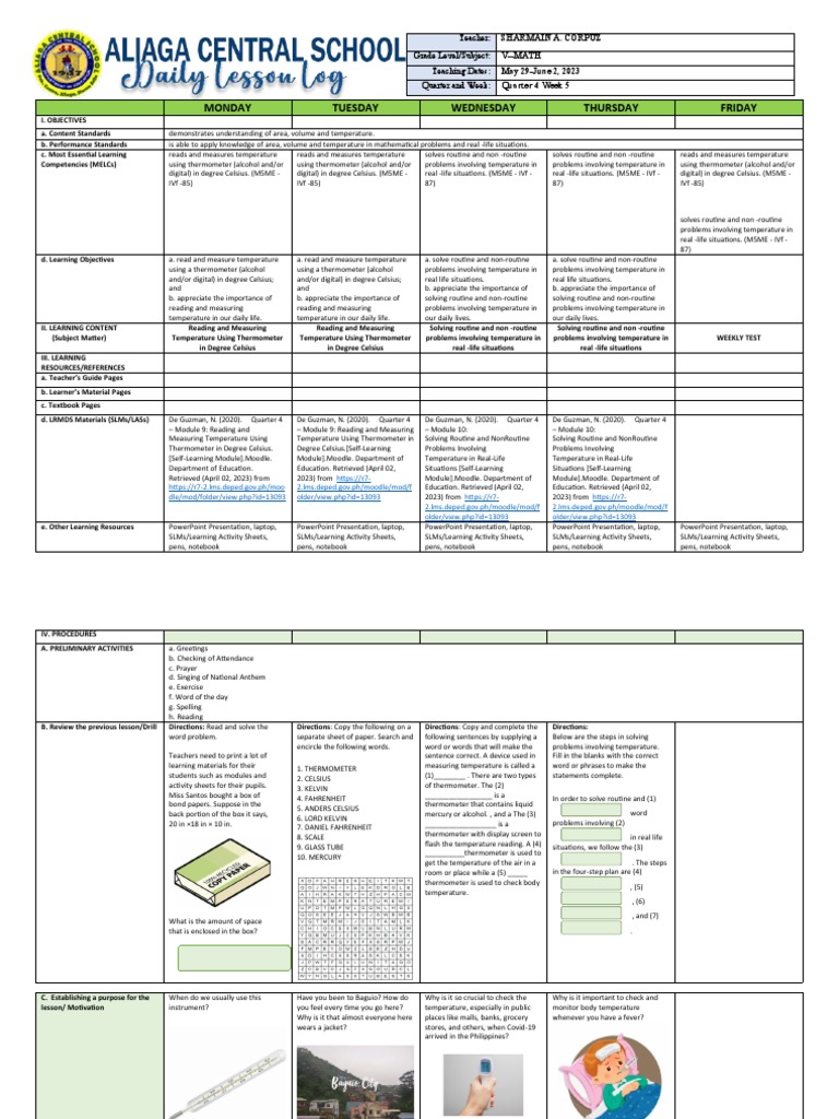 Math 5 Week 5 | PDF | Thermometer | Temperature