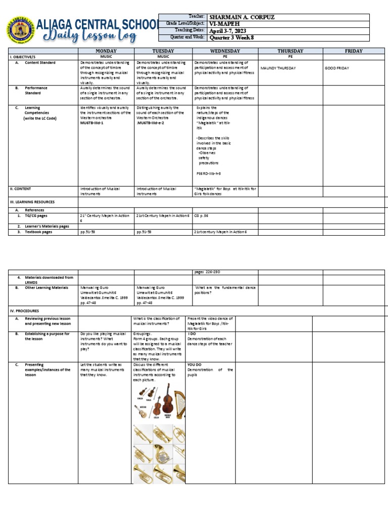 DLL - Mapeh 6 - Q3 - W8 | PDF | Musical Instruments | String Instruments