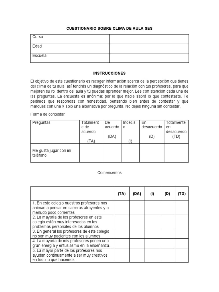 Cuestionario Sobre Clima de Aula Ses | PDF | Cuestionario