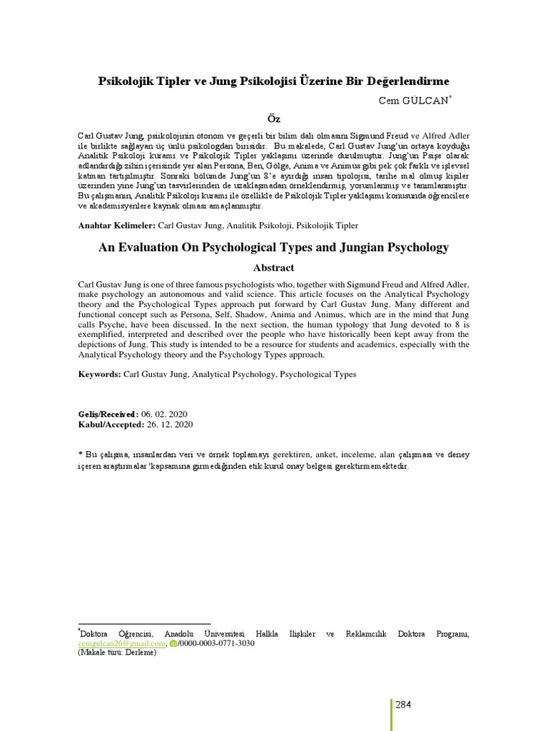 Psikolojik Tipler Ve Jung Psikolojisi Üzerine Bir Değerlendirme | PDF