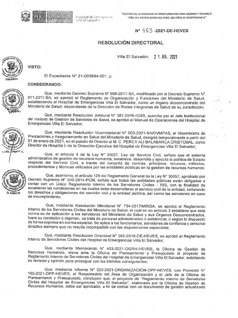 RD N°163-2021 Reglamento Interno de Servidores Civiles de Heves | PDF RD N°163-2021 Reglamento Interno de Servidores Civiles de Heves | PDF