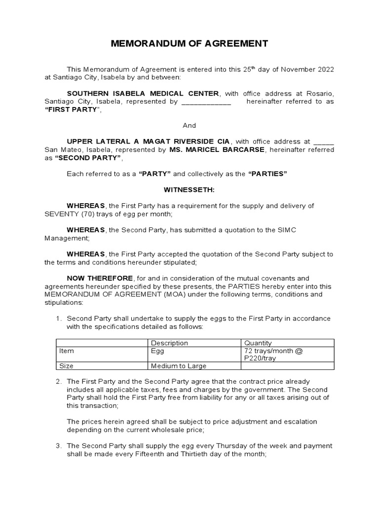 Memorandum Of Agreement Egg Download Free Pdf Contractual Term