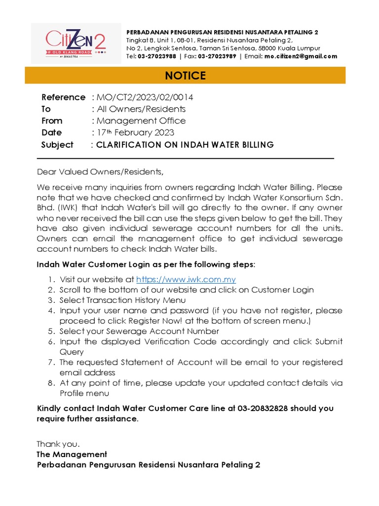 Indah Water Billing Clarification Notice | PDF | Finance & Money Management
