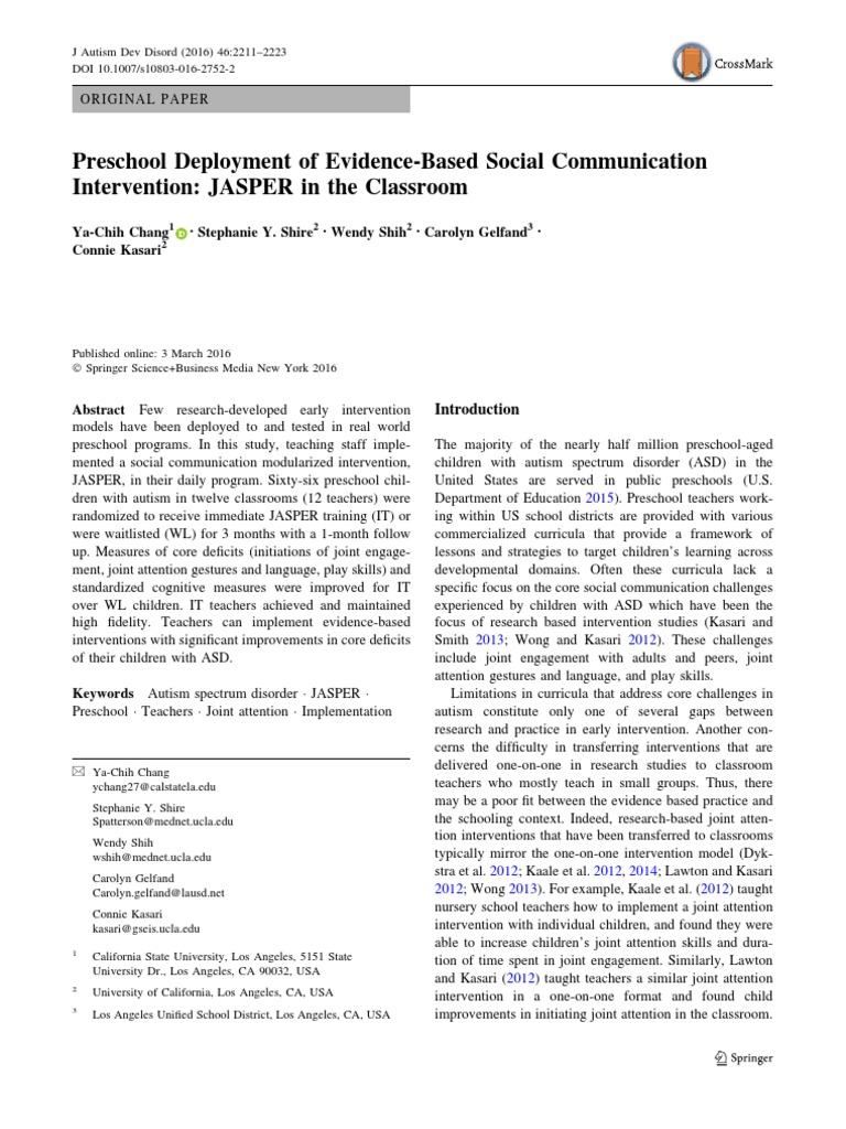 Preschool Deployment of Evidence-Based Social Communication Intervention - JASPER in The ...