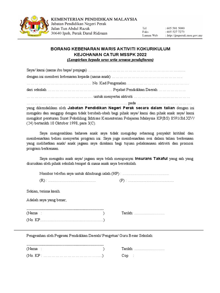 Borang Kebenaran Waris Aktiviti Kokurikulum | PDF