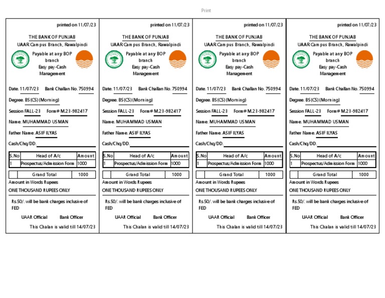 Fee Slip | PDF | Service Industries | Money
