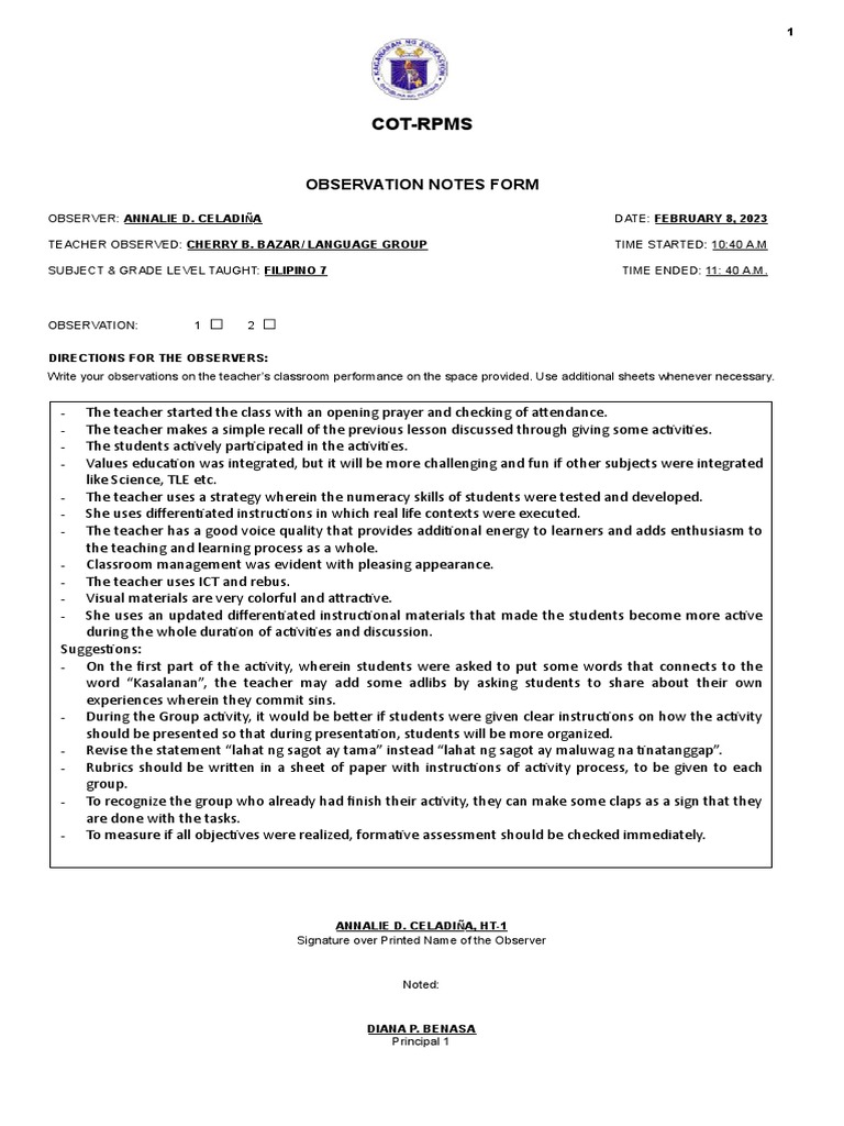 Classroom Observation Notes in Filipino | PDF | Teachers ...