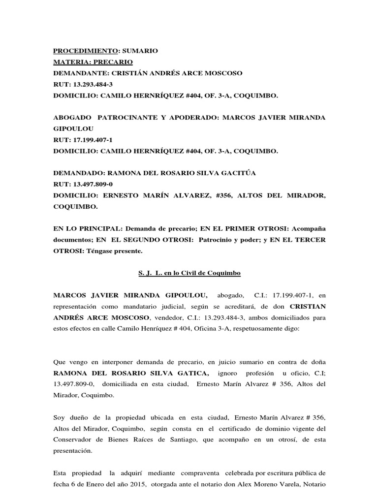 Demanda Precario Sumario | PDF | Justicia | Crimen y violencia