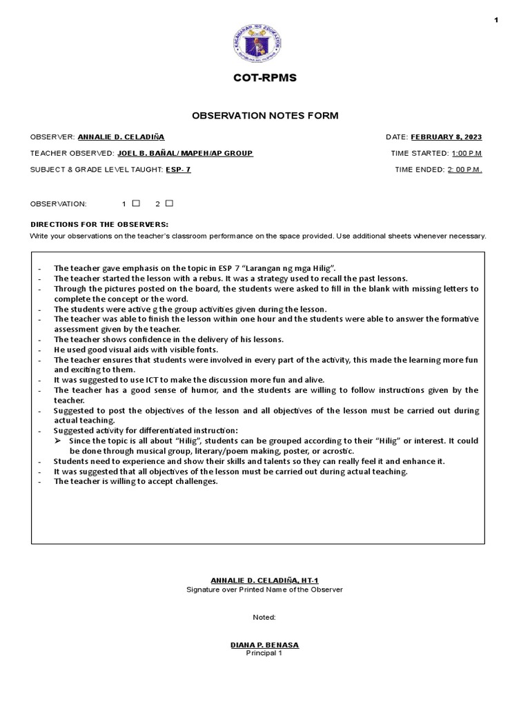 Observation Notes-Mapeh-AP Group | PDF | Teachers | Differentiated ...