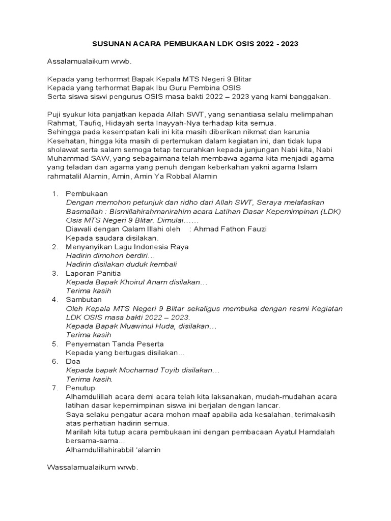 Susunan Acara Pembukaan LDK Osis | PDF