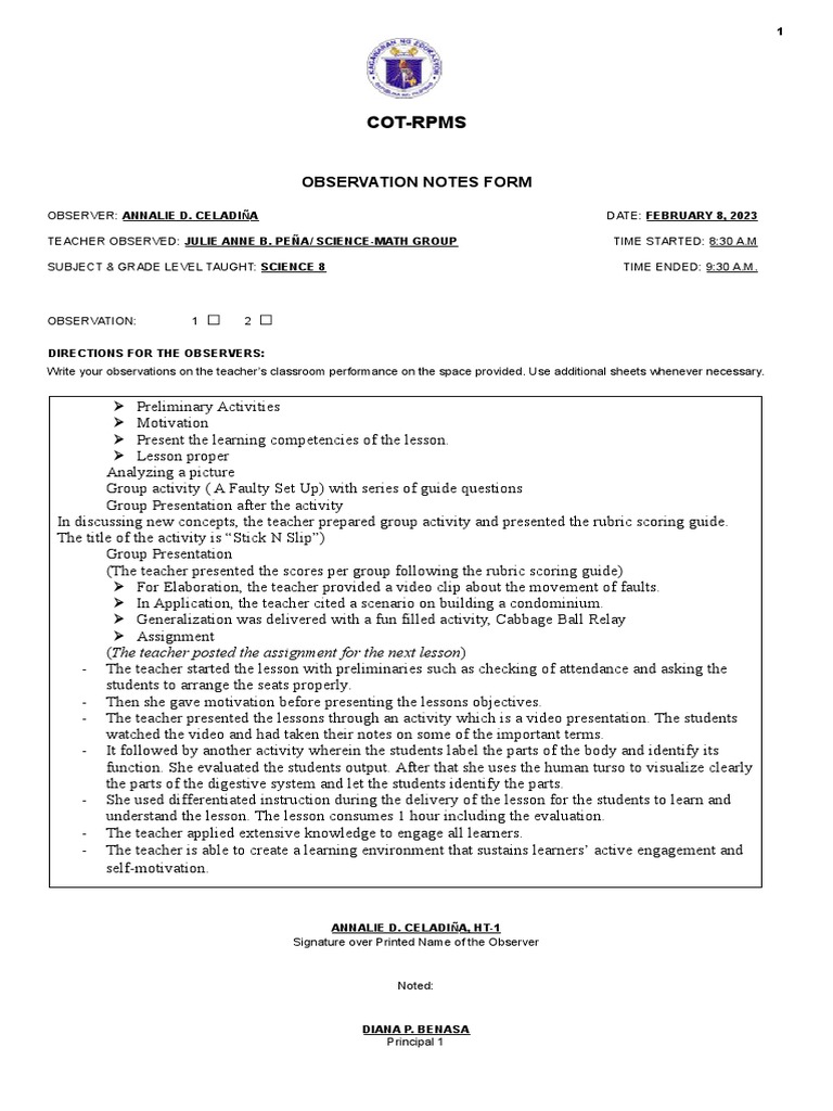 Observation Notes-SCIENCE-MATH GROUP | PDF | Teachers | Differentiated ...