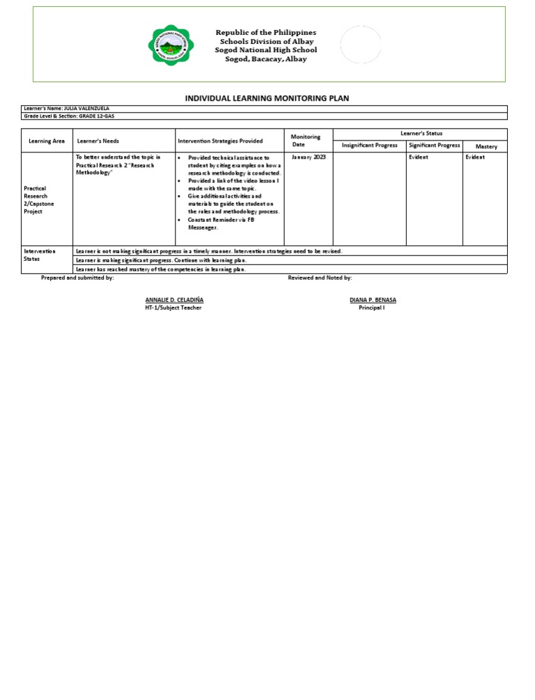 Individual Learning Monitoring Plan-PRACTICAL RESEARCH | PDF | Learning ...