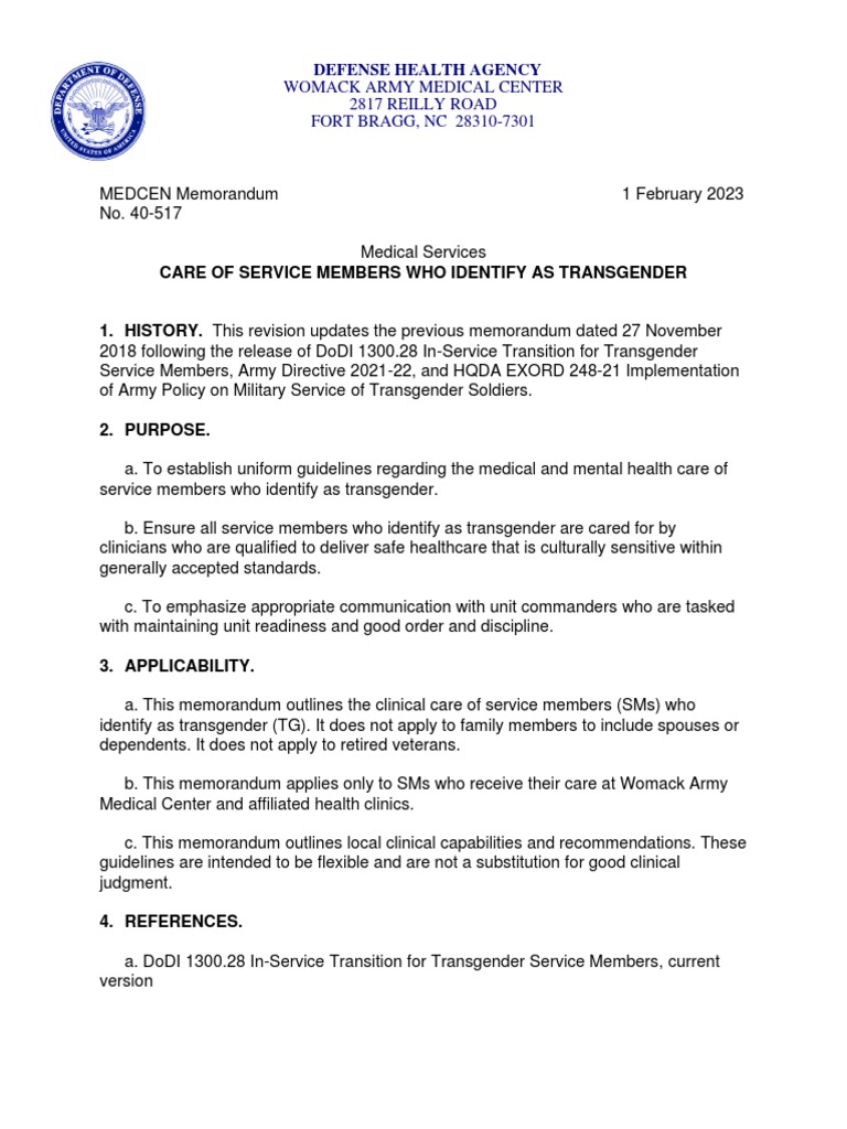 Medcen Memo 40 517 Care of Service Members Who Identify As Transgender ...