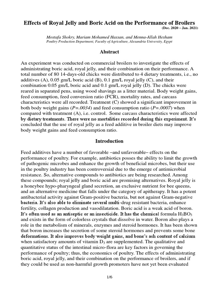 Effects of Royal Jelly and Boric Acid On The Performance of Broilers ... Effects of Royal Jelly and Boric Acid On The Performance of Broilers ...