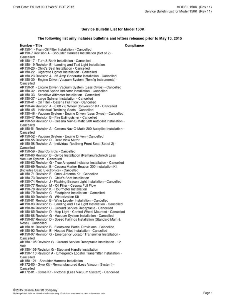 Services Bulletins Model 150k | PDF | Carburetor | Aviation